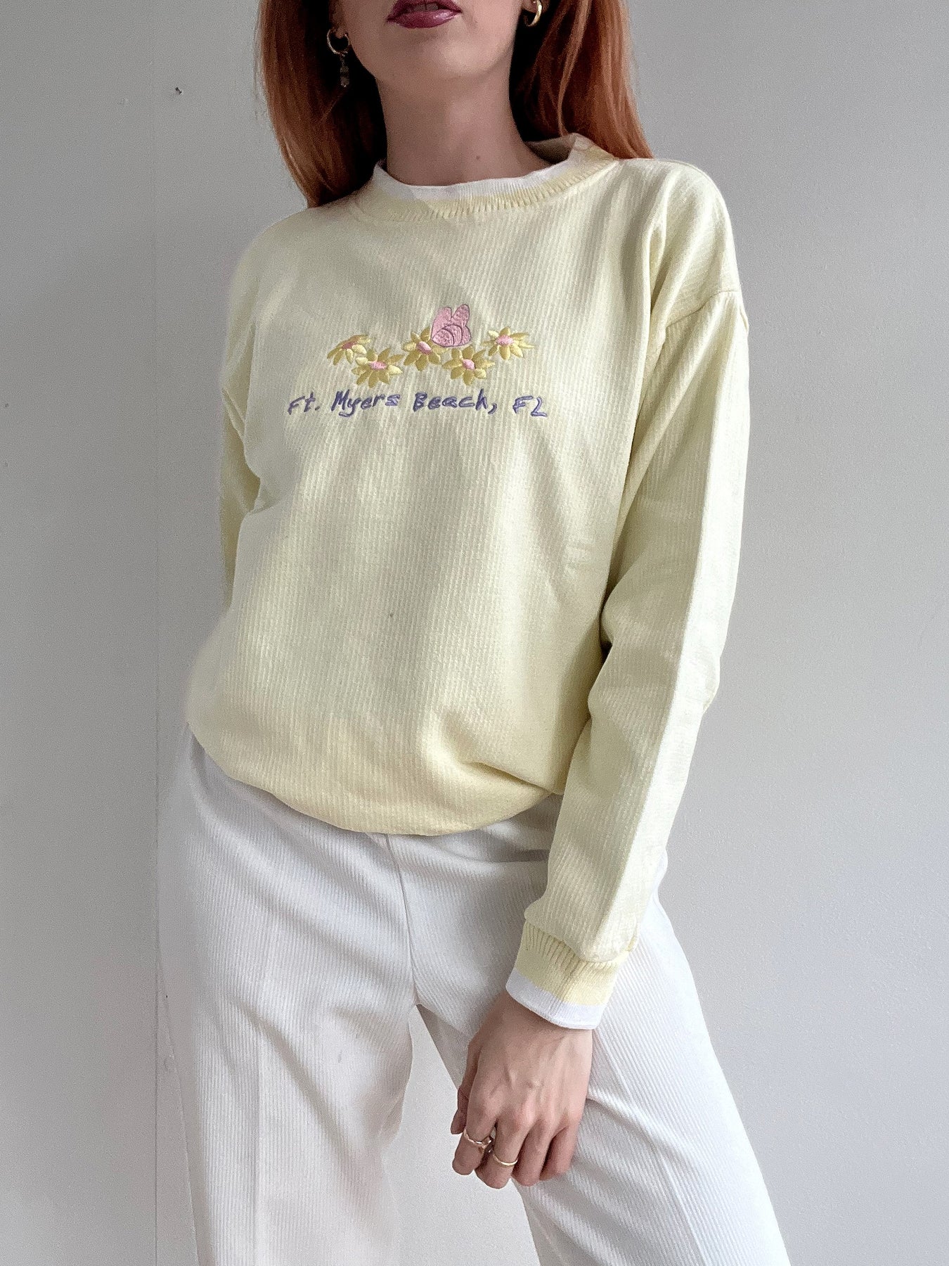 Pull vintage américain brodé jaune clair M – fripsquare